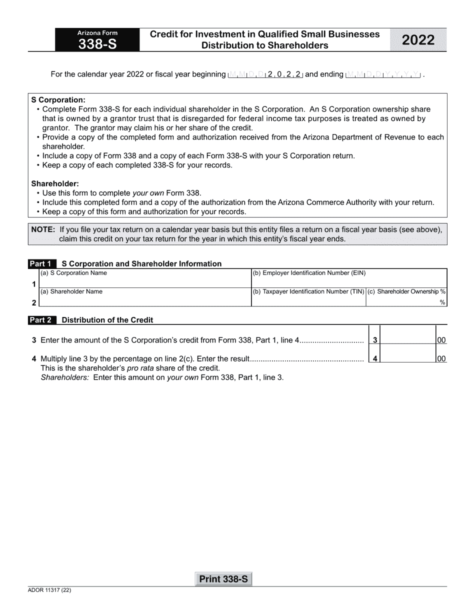 Arizona Form 338-S (ADOR11317) - 2022 - Fill Out, Sign Online and ...
