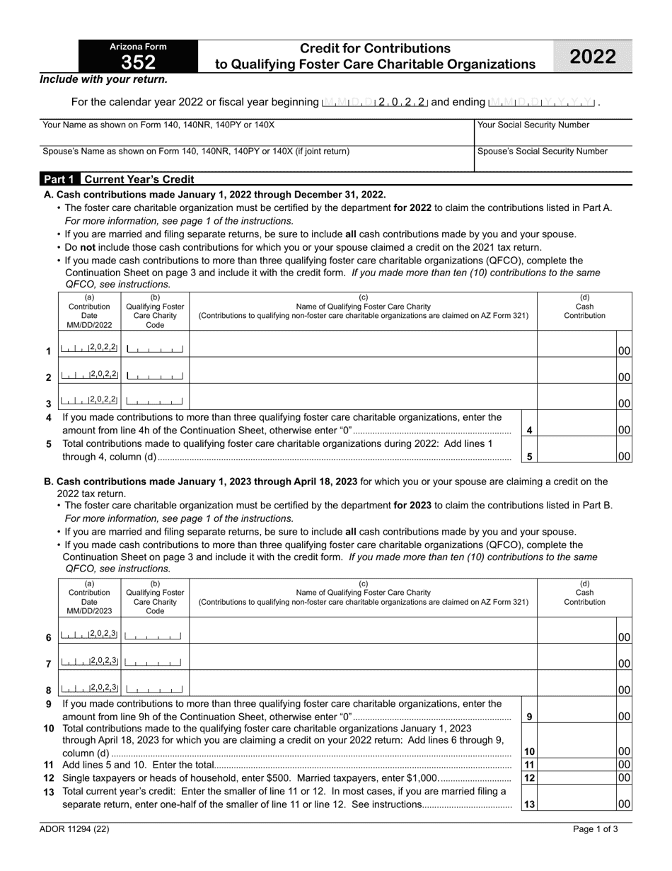 Arizona Form 352 (ADOR11294) Download Fillable PDF or Fill Online ...