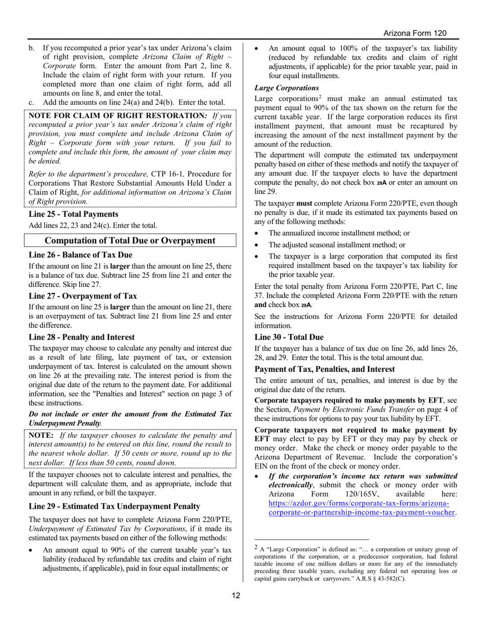 Download Instructions for Arizona Form 120, ADOR10336 Arizona ...