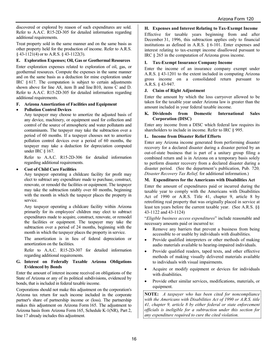 Download Instructions for Arizona Form 120, ADOR10336 Arizona ...