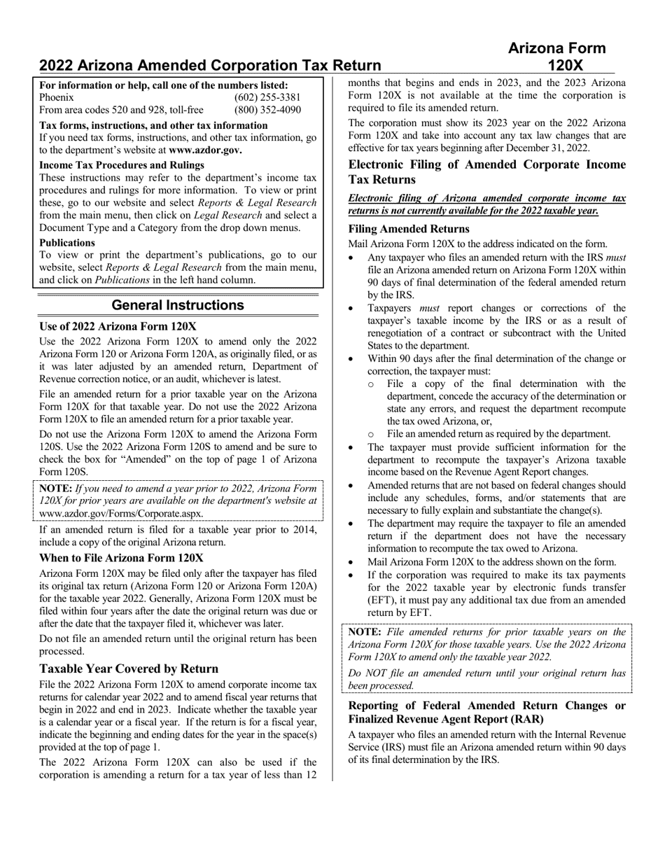 Download Instructions for Arizona Form 120X, ADOR10341 Arizona Amended ...