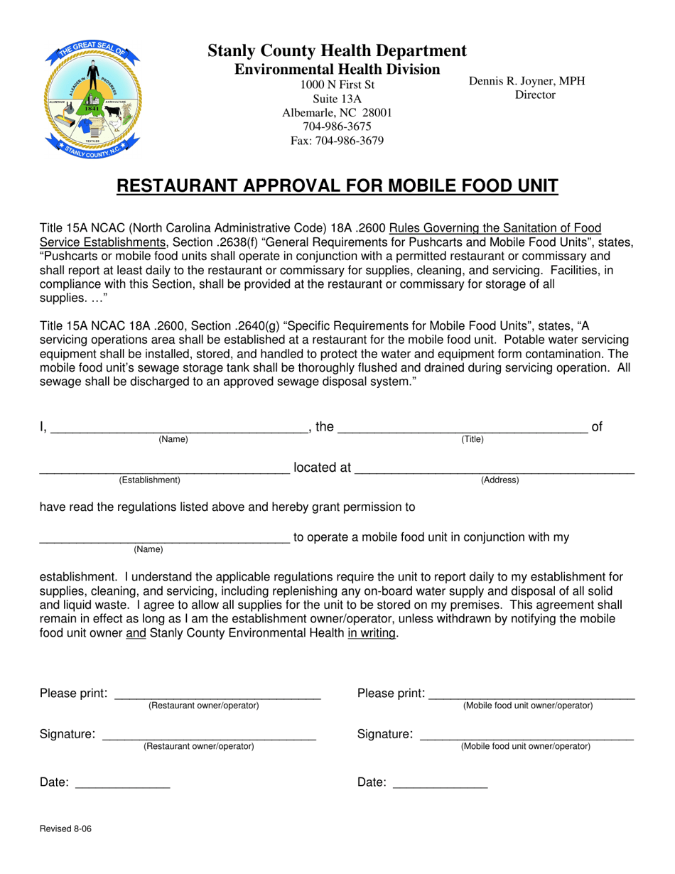 Stanly County, North Carolina Restaurant Approval for Mobile Food Unit ...