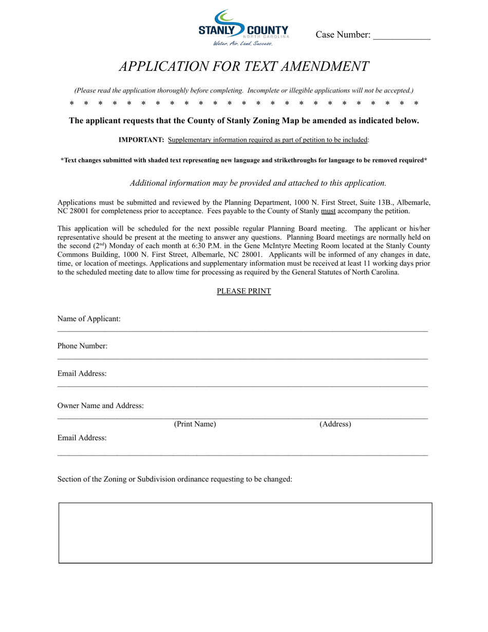 Stanly County, North Carolina Application for Text Amendment - Fill Out ...