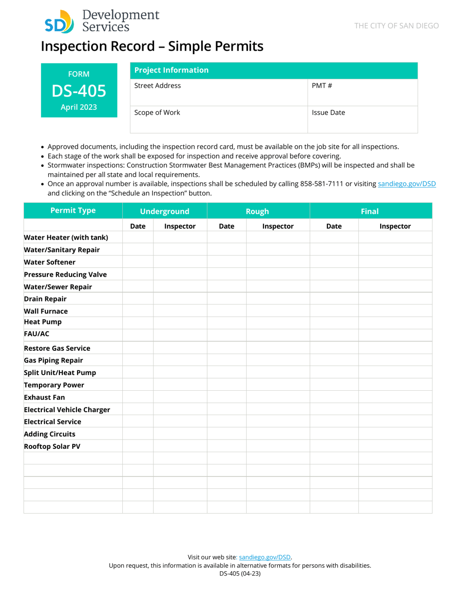 Form DS-405 Download Printable PDF or Fill Online Inspection Record ...