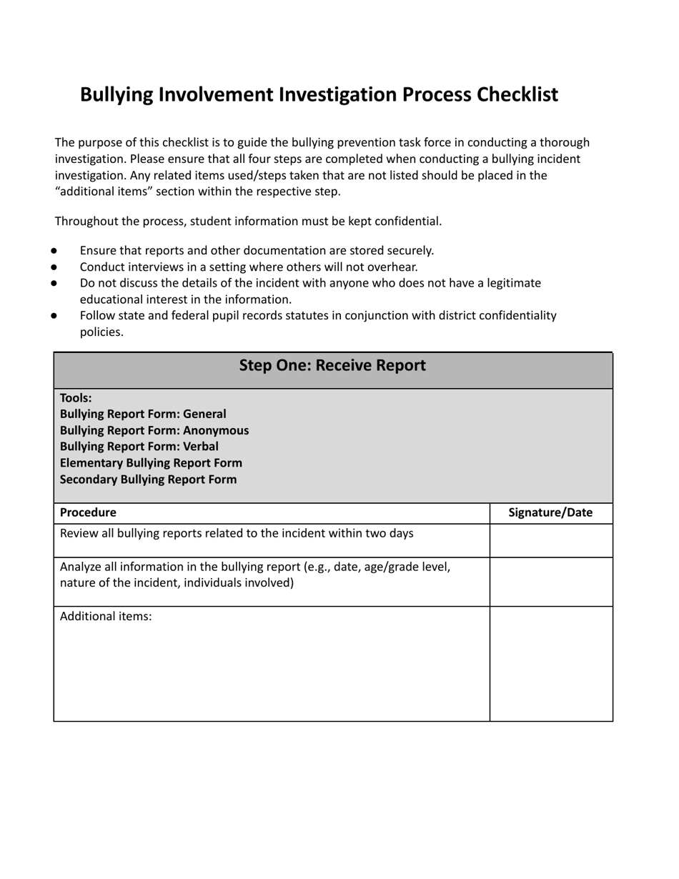 Wisconsin Bullying Involvement Investigation Process Checklist - Fill ...