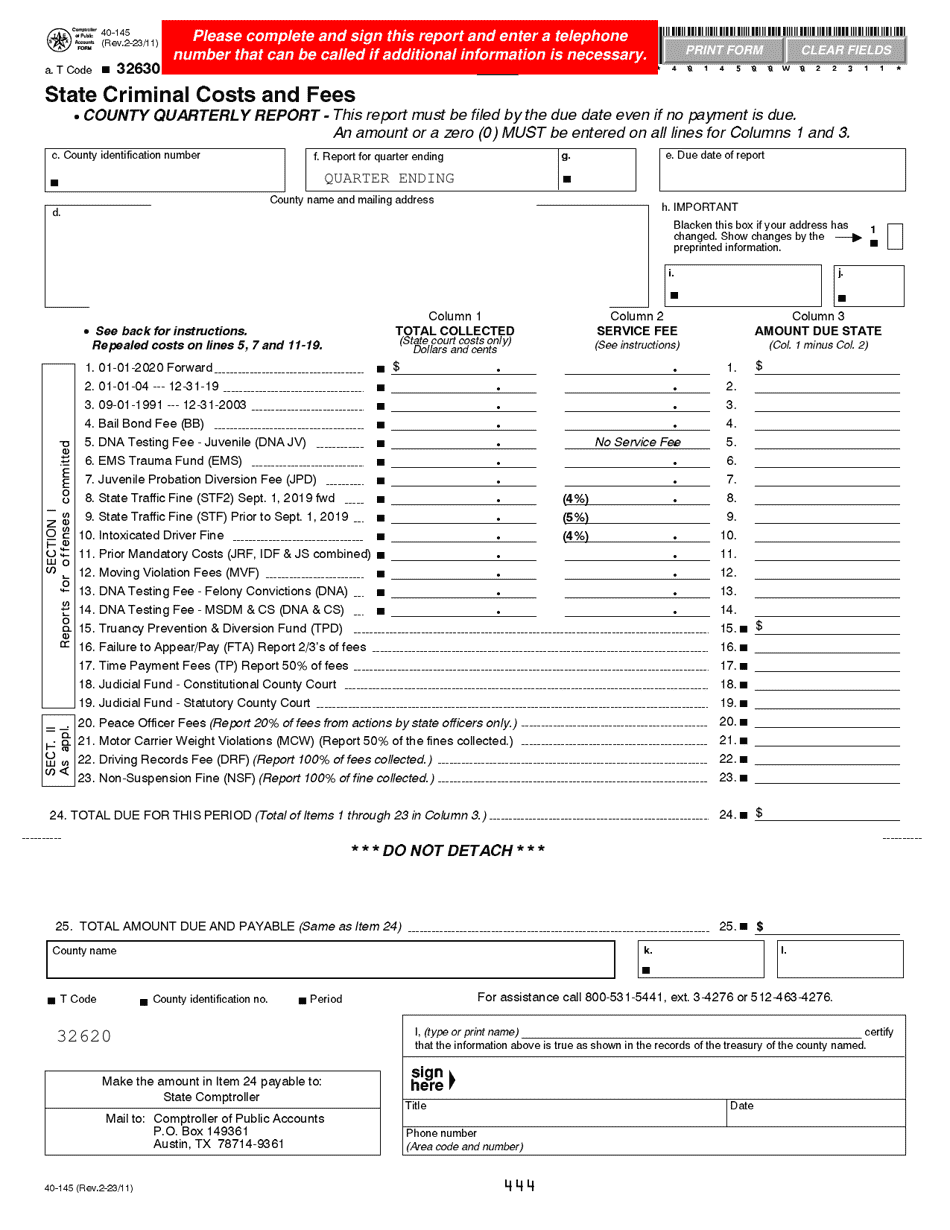 Form 40-145 Download Fillable PDF or Fill Online State Criminal Costs ...