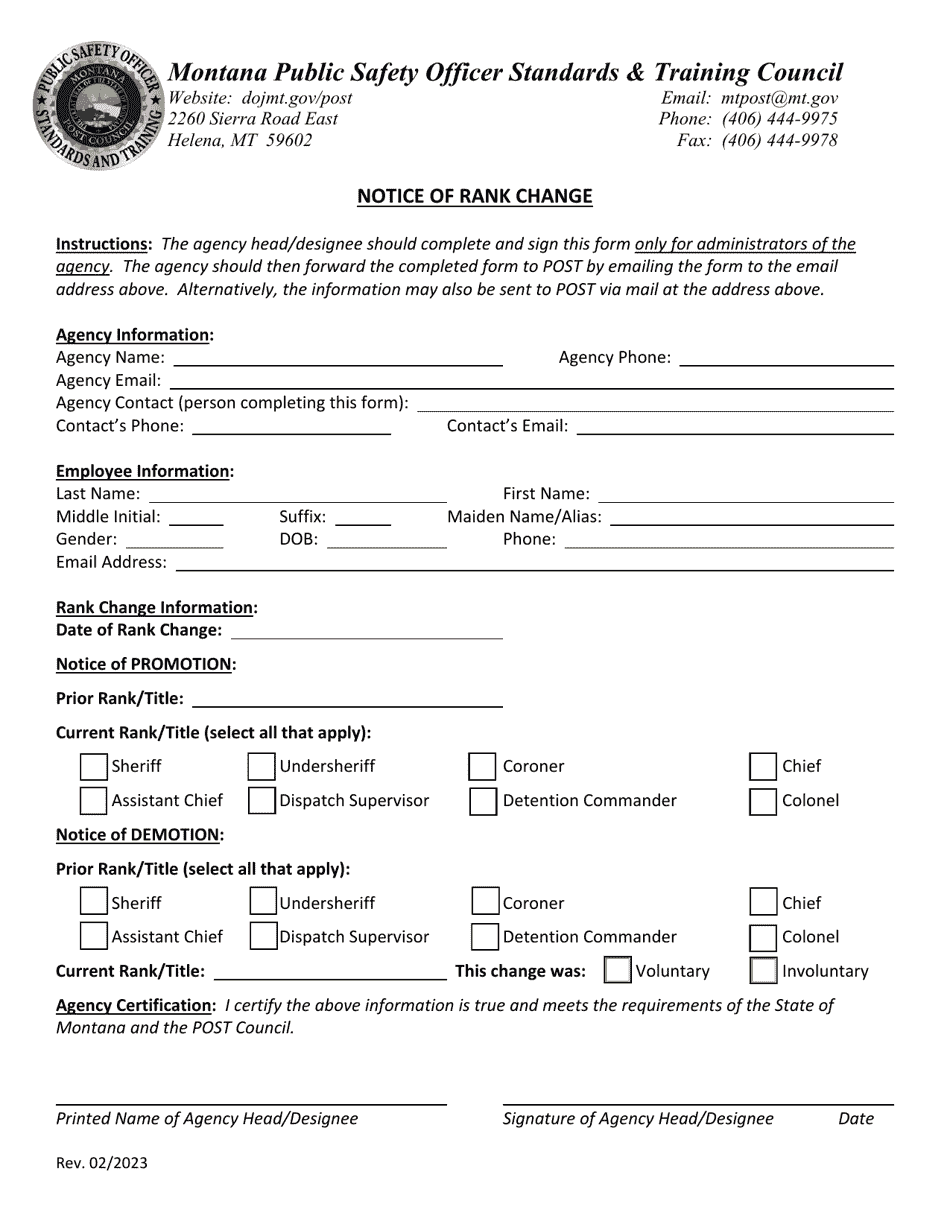 Montana Notice of Rank Change Download Fillable PDF | Templateroller