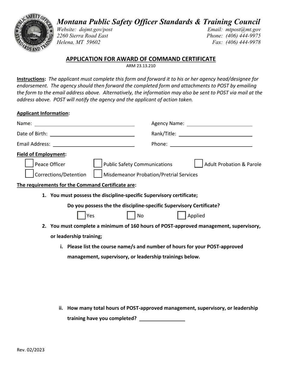 Montana Application for Award of Command Certificate Download Fillable PDF | Templateroller