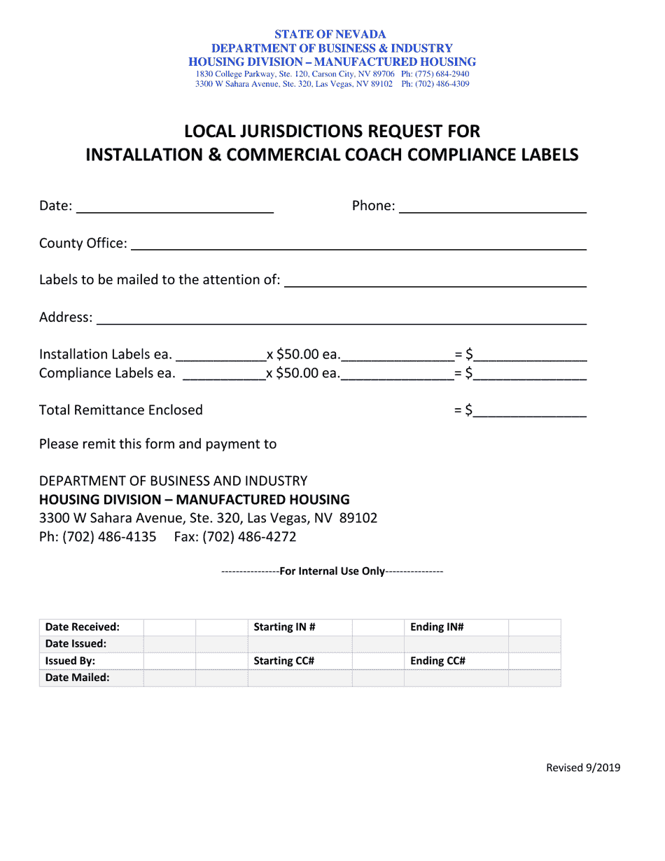 Nevada Local Jurisdictions Request for Installation & Commercial Coach ...