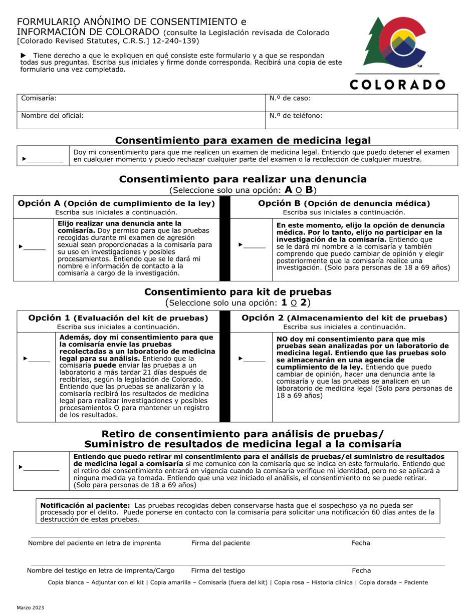 Colorado Formulario Anonimo De Consentimiento E Informacion De Colorado ...