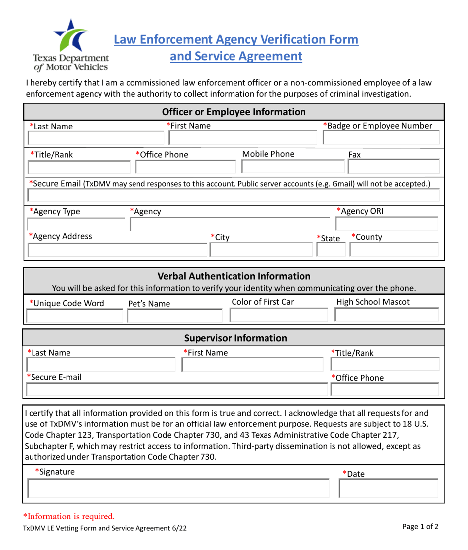 Texas Law Enforcement Agency Verification Form and Service Agreement ...