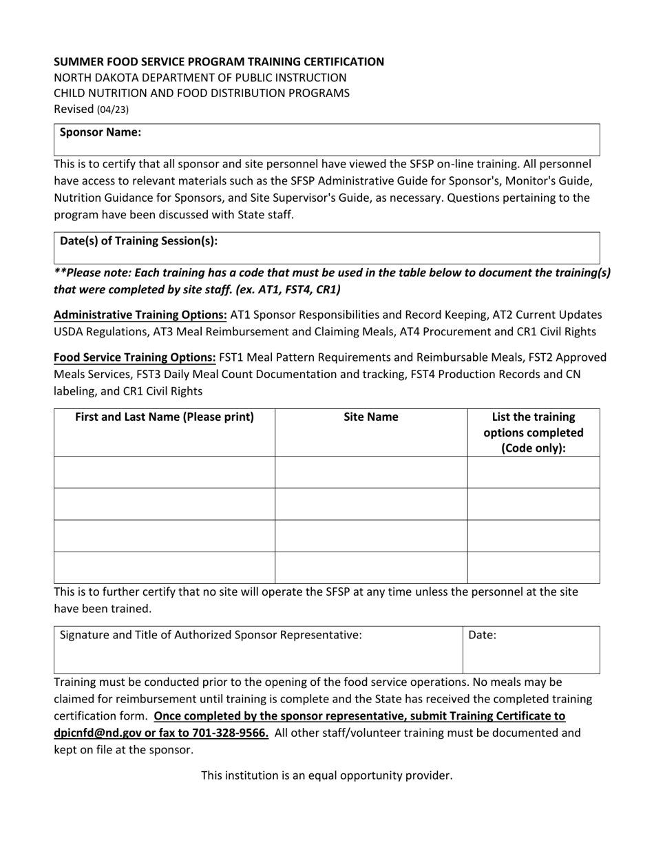 North Dakota Summer Food Service Program Training Certification - Child ...