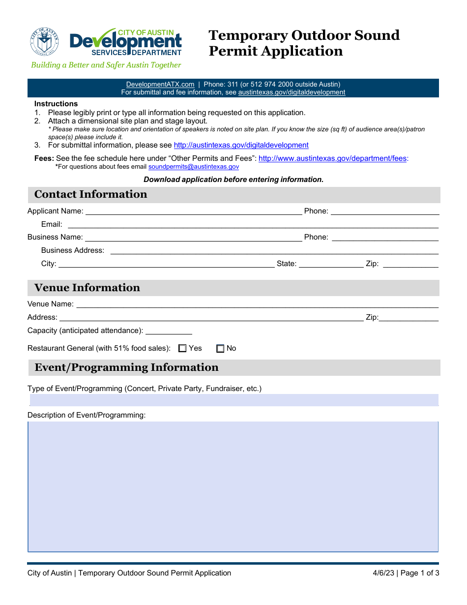 City of Austin, Texas Temporary Outdoor Sound Permit Application - Fill Out, Sign Online and ...