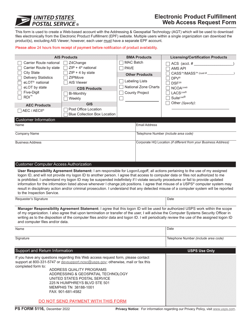 PS Form 5116 Download Printable PDF or Fill Online Electronic Product ...