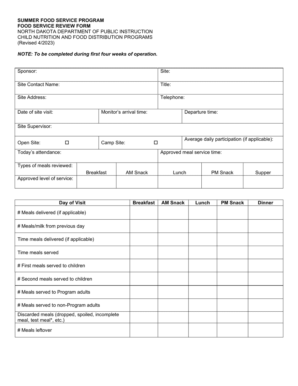 North Dakota Food Service Review Form - Summer Food Service Program ...