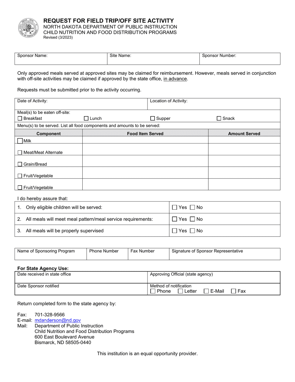 North Dakota Request for Field Trip/Off Site Activity - Fill Out, Sign ...