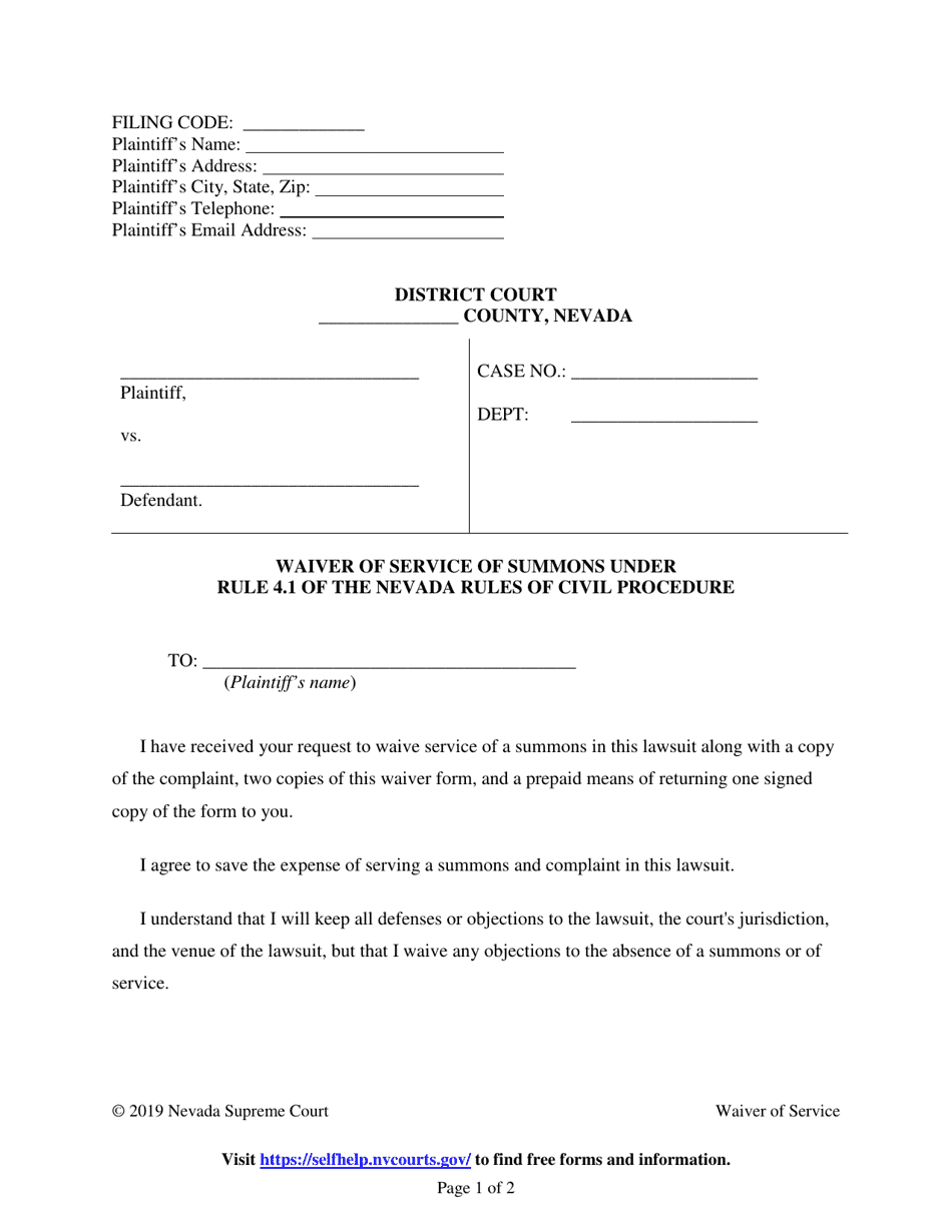 Nevada Waiver Of Service Of Summons Under Rule 4 1 Of The Nevada Rules