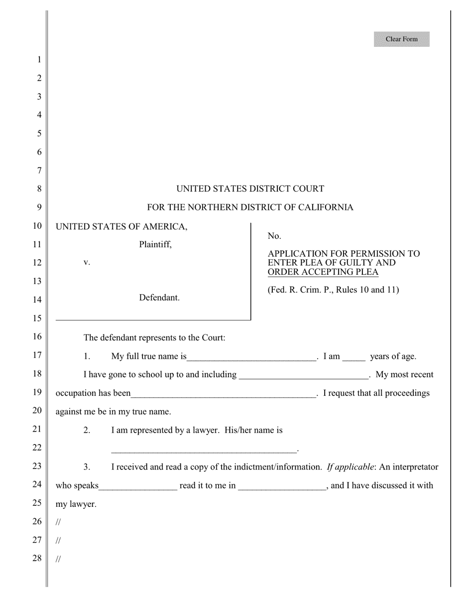 California Application for Permission to Enter Plea of Guilty and Order ...