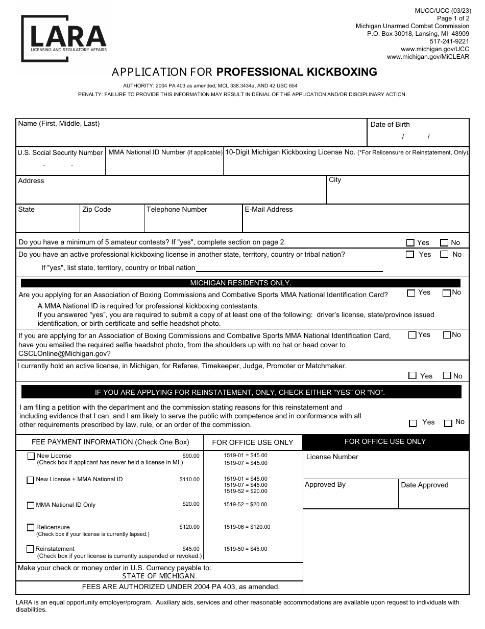 Michigan Application for Professional Kickboxing - Fill Out, Sign ...