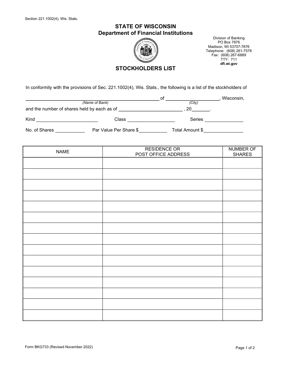 Form BKG733 - Fill Out, Sign Online and Download Fillable PDF, Wisconsin | Templateroller