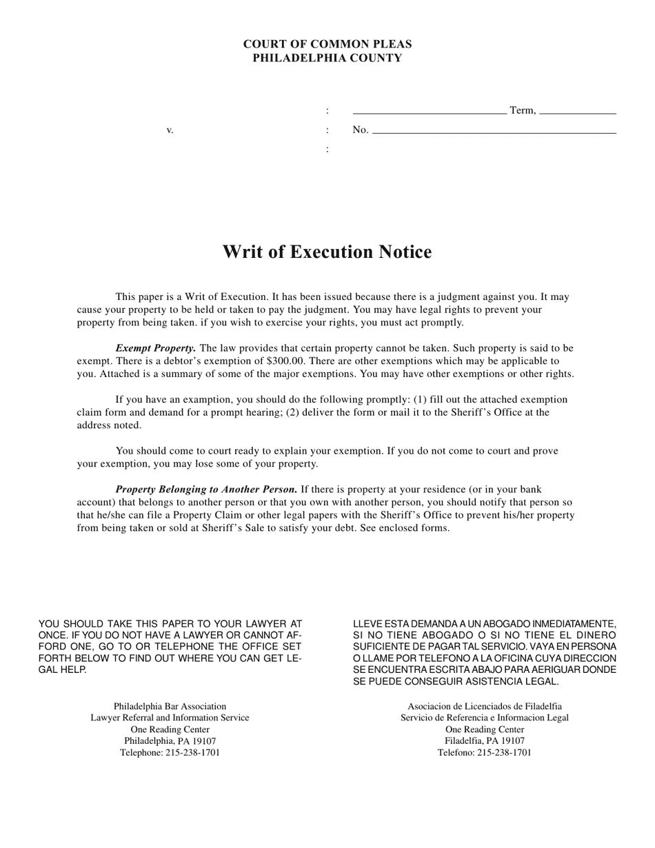 Philadelphia County, Pennsylvania Writ of Execution Notice - Fill Out ...