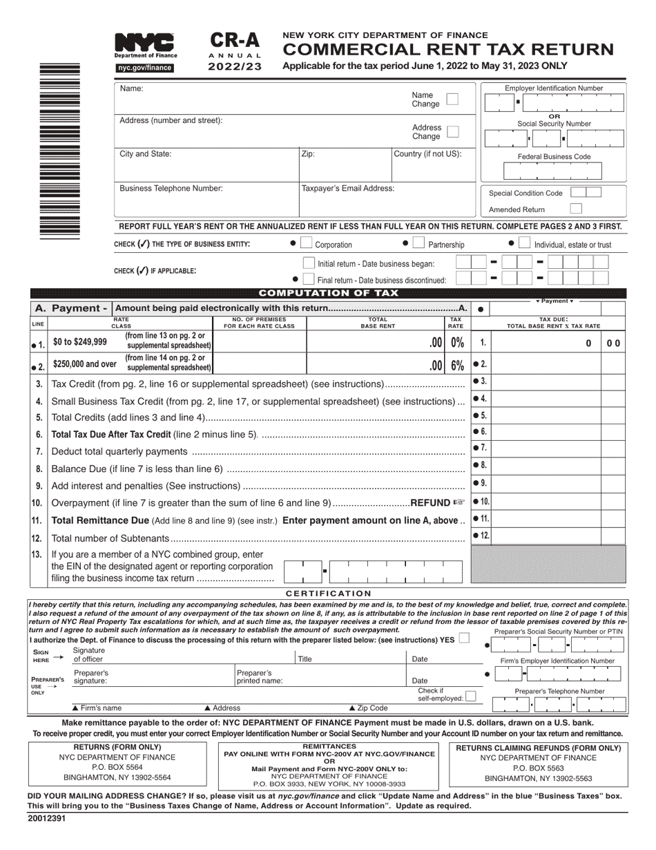 Form CR-A Download Printable PDF or Fill Online Commercial Rent Tax ...