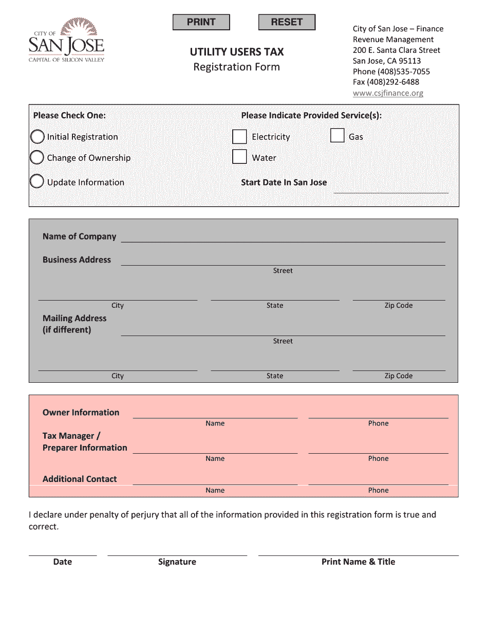 City of San Jose, California Utility Users Tax Registration Form - Fill ...