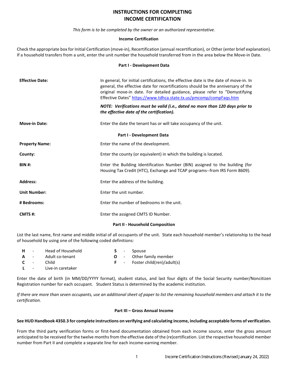 Download Instructions for Income Certification PDF | Templateroller