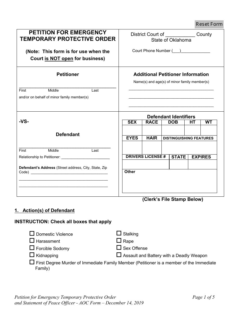 Oklahoma Petition for Emergency Temporary Protective Order - Fill Out ...