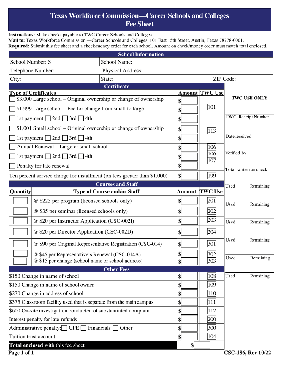 Form CSC-186 Download Fillable PDF or Fill Online Fee Sheet, Texas ...