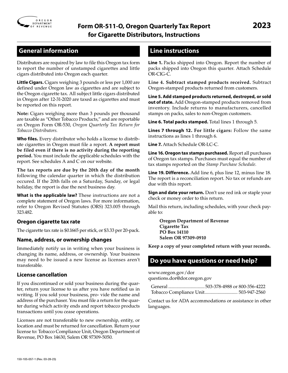 Download Instructions for Form OR-511-O, 150-105-057 Oregon Out-of-State Cigarette Distributor ...