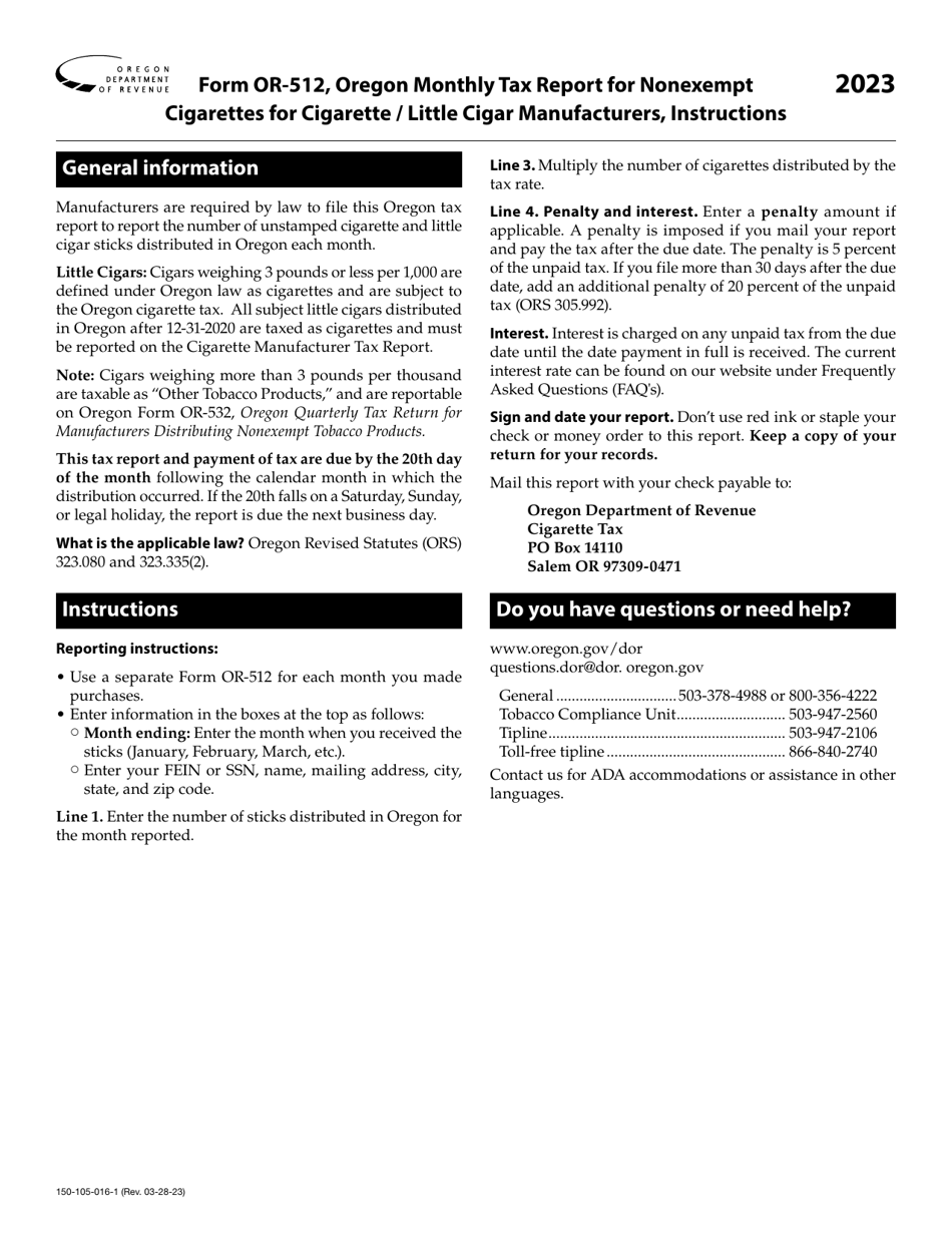 Download Instructions for Form OR-512, 150-105-016 Oregon Monthly Tax ...