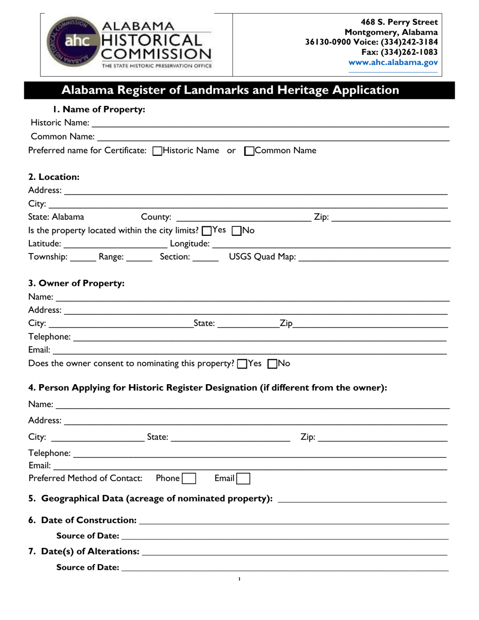 Alabama Alabama Register of Landmarks and Heritage Application - Fill ...