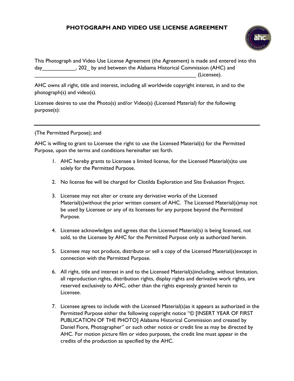 Alabama Photograph and Video Use License Agreement - Fill Out, Sign ...