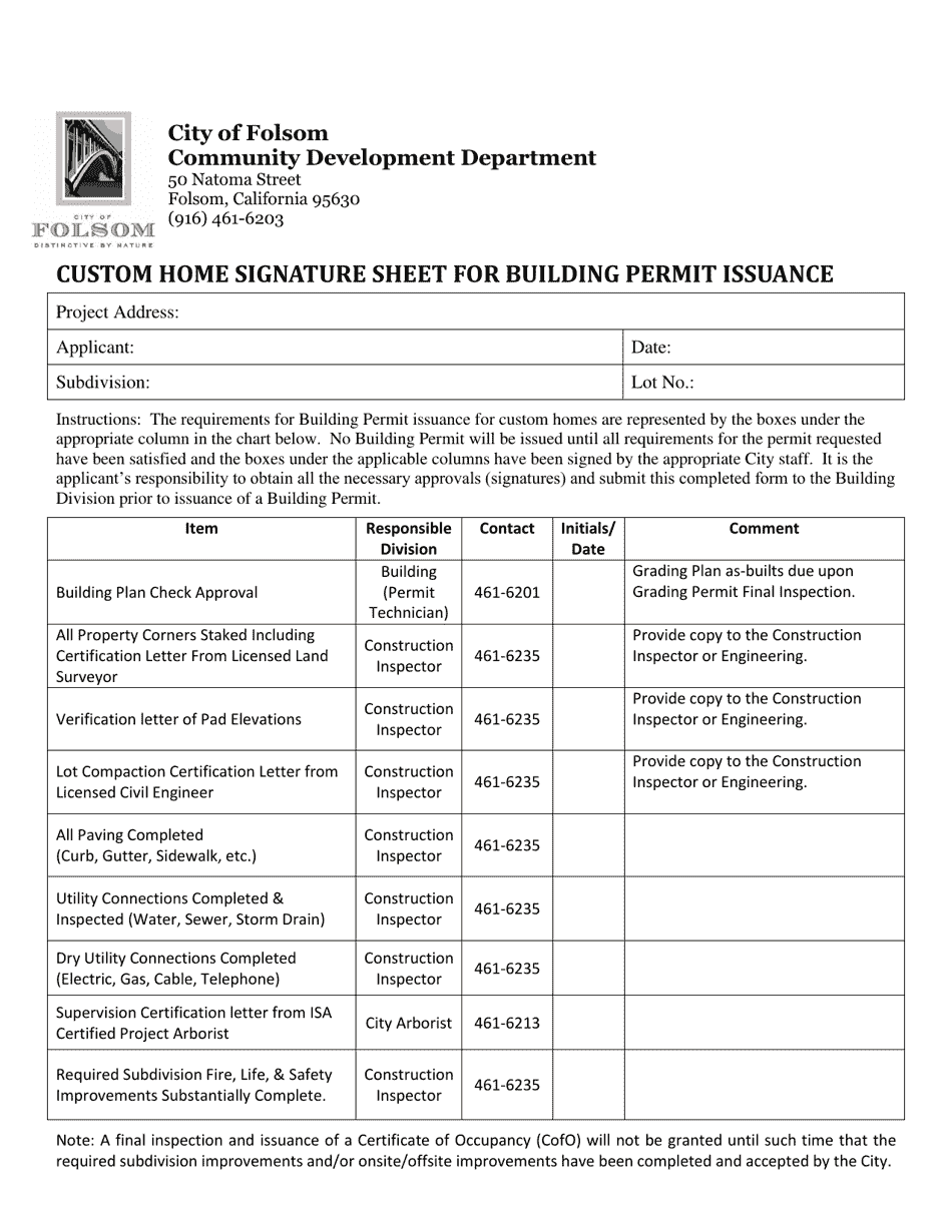 City of Folsom, California Custom Home Signature Sheet for Building ...