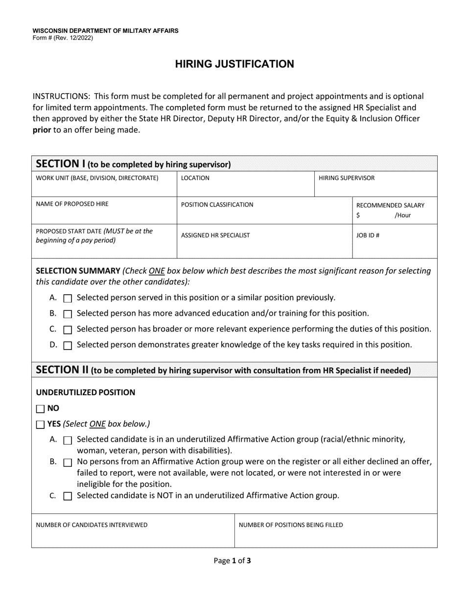 Wisconsin Hiring Justification - Fill Out, Sign Online and Download PDF | Templateroller