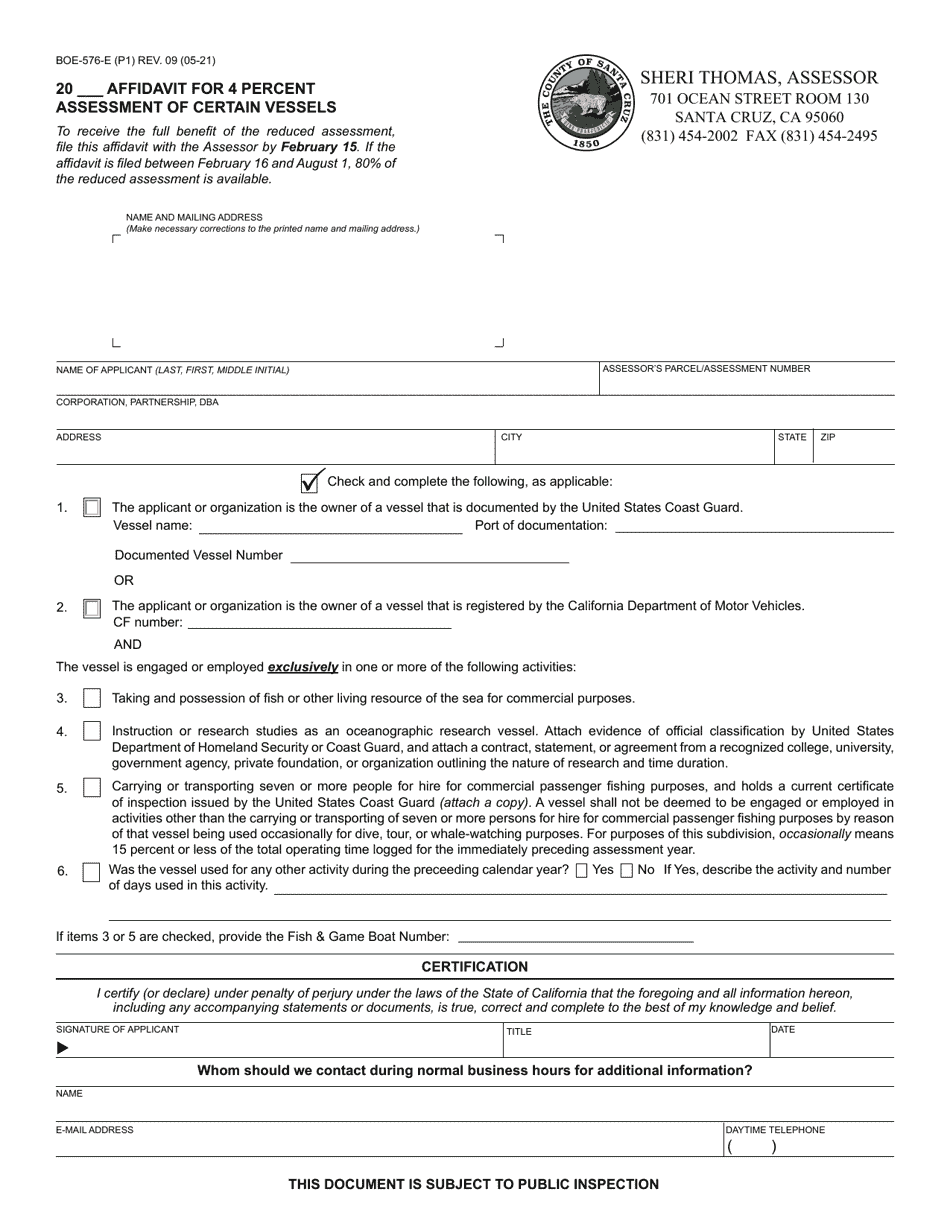 Form BOE-576-E - Fill Out, Sign Online and Download Fillable PDF, Santa ...