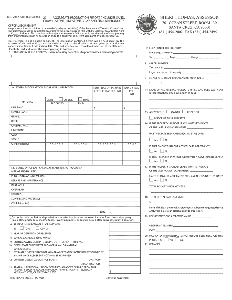 Form BOE-560-A - Fill Out, Sign Online and Download Fillable PDF, Santa ...