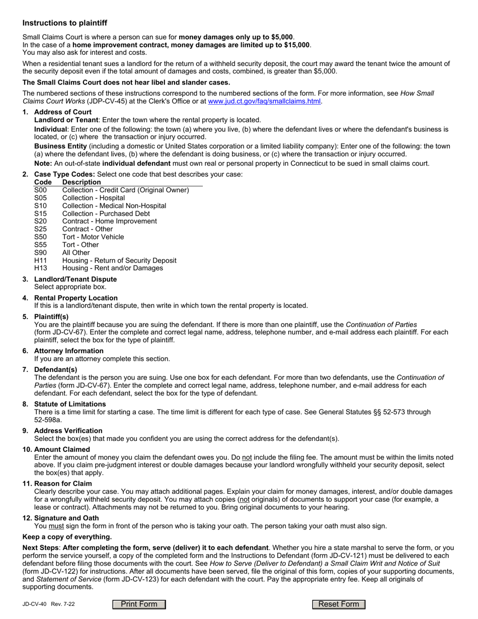 Form JD-CV-40 Download Fillable PDF or Fill Online Small Claims Writ ...