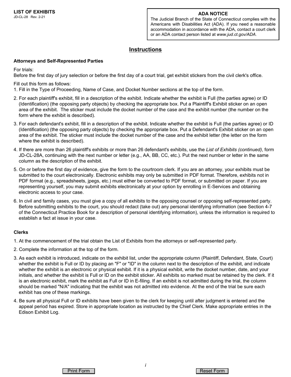 Form JD-CL-28 Download Fillable PDF or Fill Online List of Exhibits ...