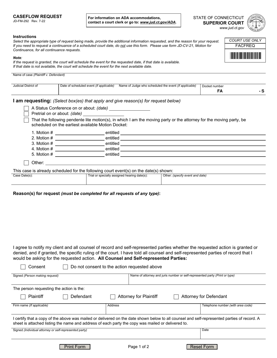 Form JD-FM-292 Download Fillable PDF or Fill Online Caseflow Request ...