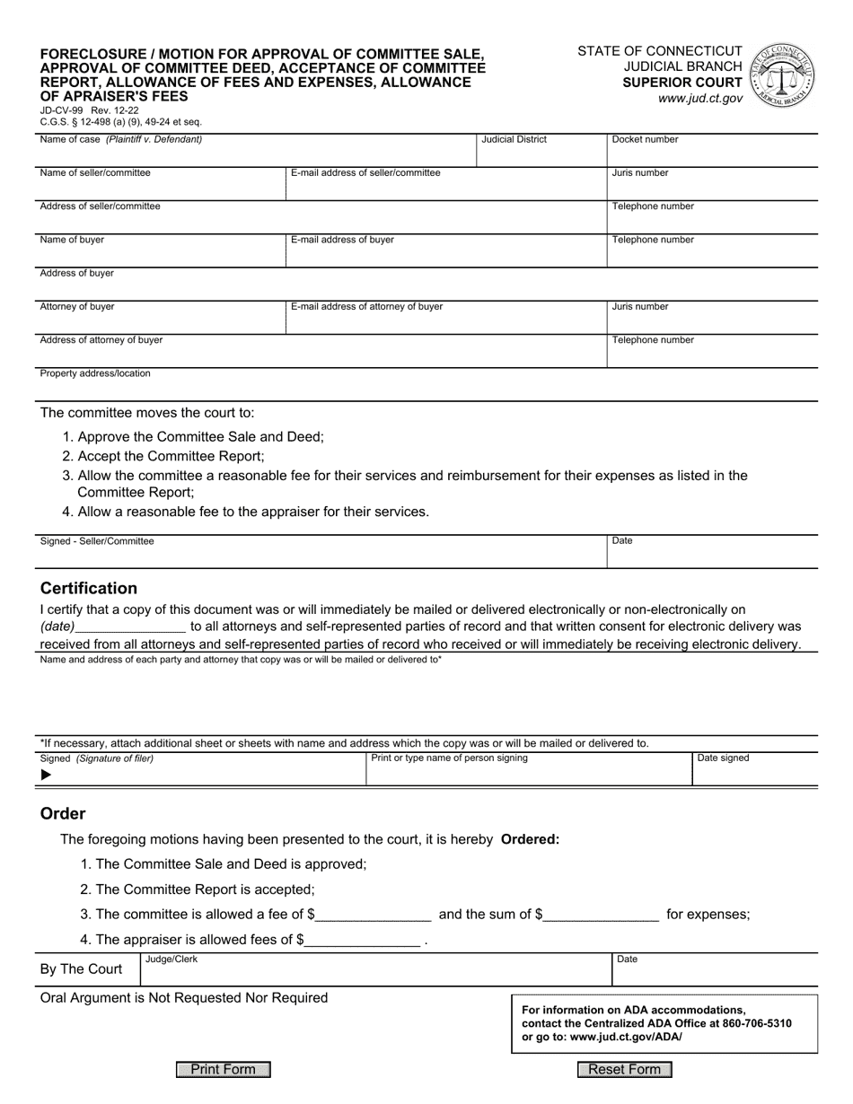 Form JD-CV-99 Download Fillable PDF or Fill Online Foreclosure/Motion ...