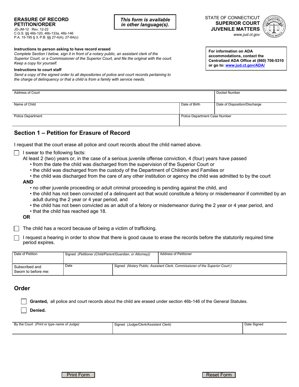 Form JD-JM-12 Download Fillable PDF or Fill Online Erasure of Record ...