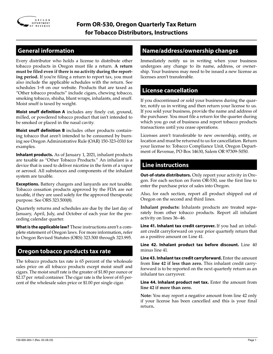 Download Instructions for Form OR-530, 150-605-004 Oregon Quarterly Tax ...