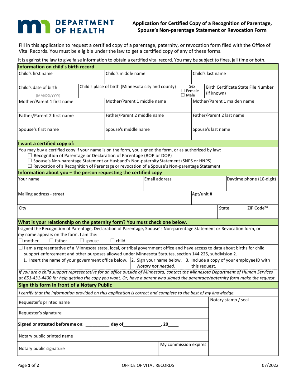 Minnesota Application for Certified Copy of a Recognition of Parentage ...