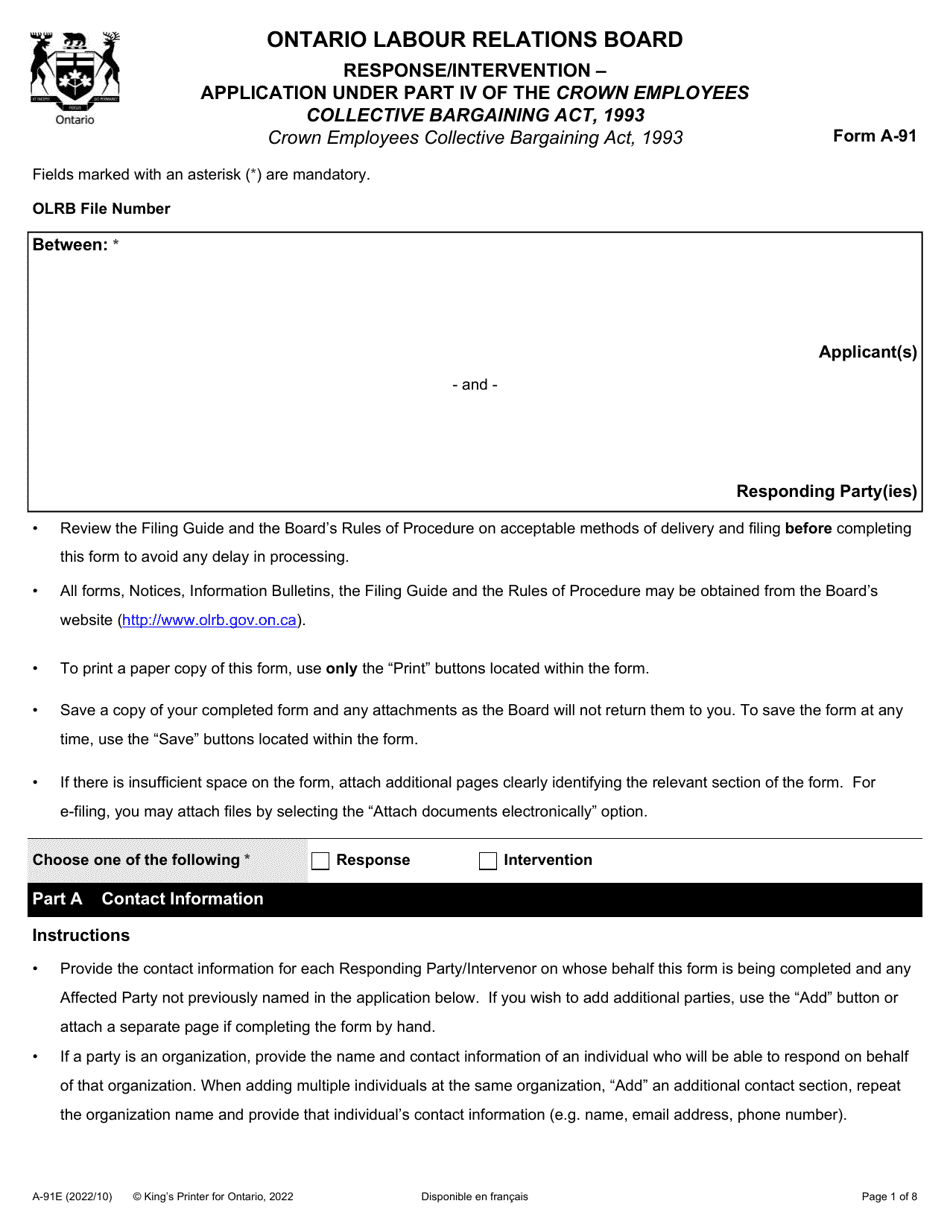 Form A-91 - Fill Out, Sign Online and Download Fillable PDF, Ontario ...