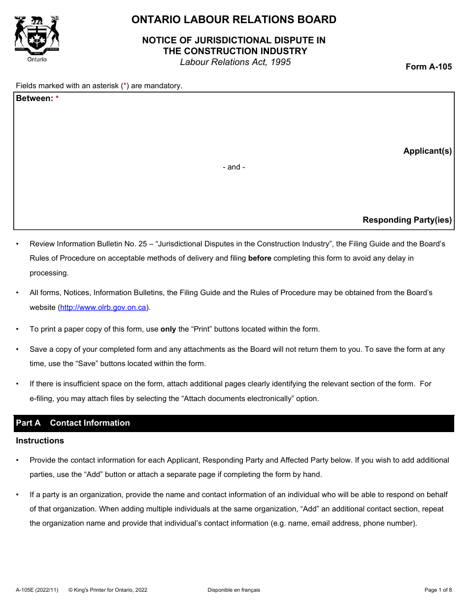 Form A-105 - Fill Out, Sign Online and Download Fillable PDF, Ontario ...