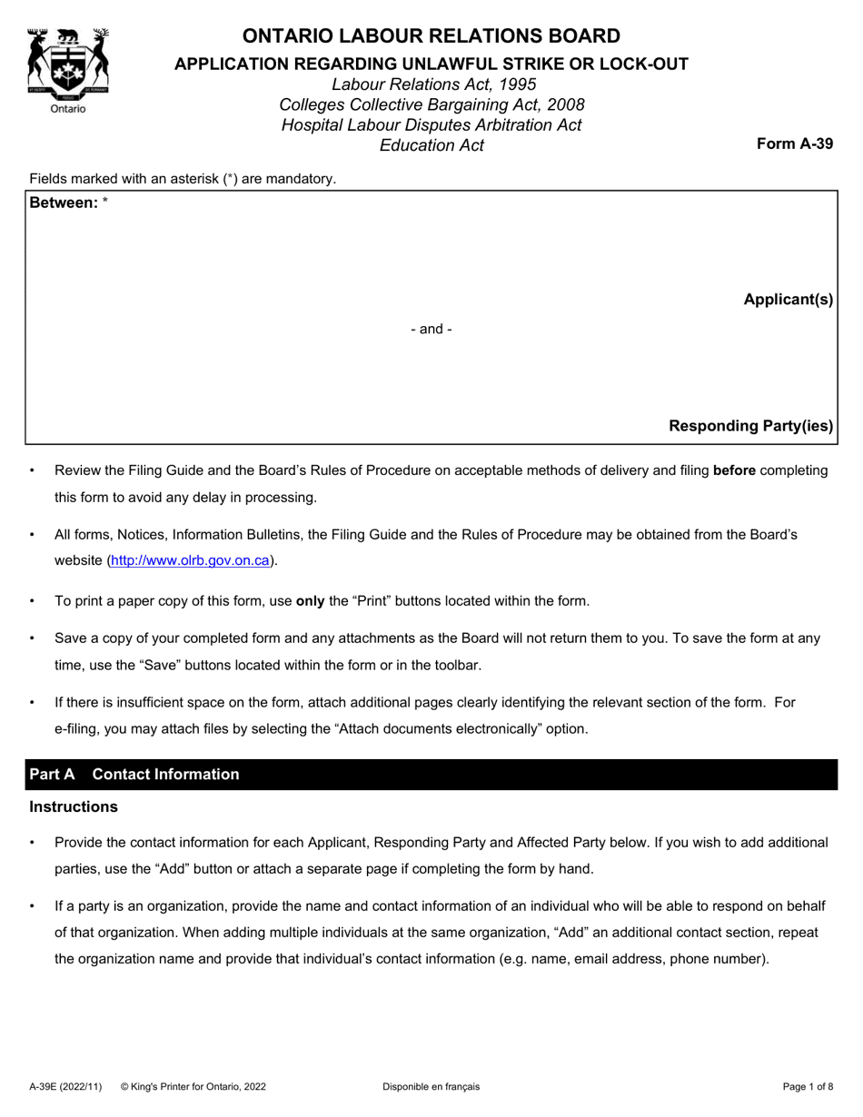 Form A-39 - Fill Out, Sign Online and Download Fillable PDF, Ontario ...