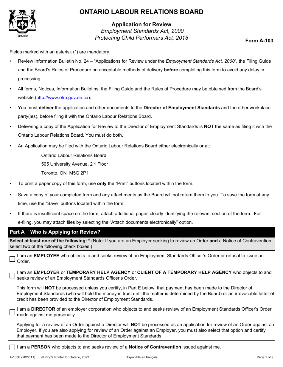 Form A-103 - Fill Out, Sign Online and Download Fillable PDF, Ontario ...