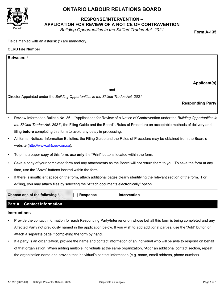 Form A-135 - Fill Out, Sign Online and Download Fillable PDF, Ontario ...